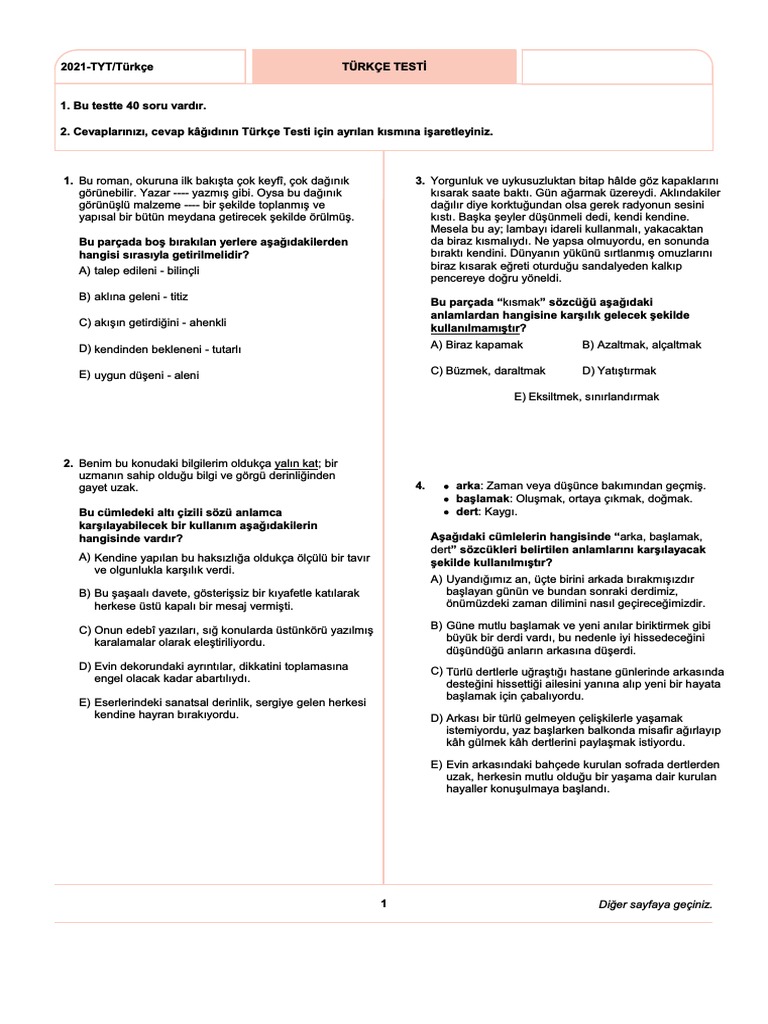 2021 Tyt Turkce Sorulari | PDF