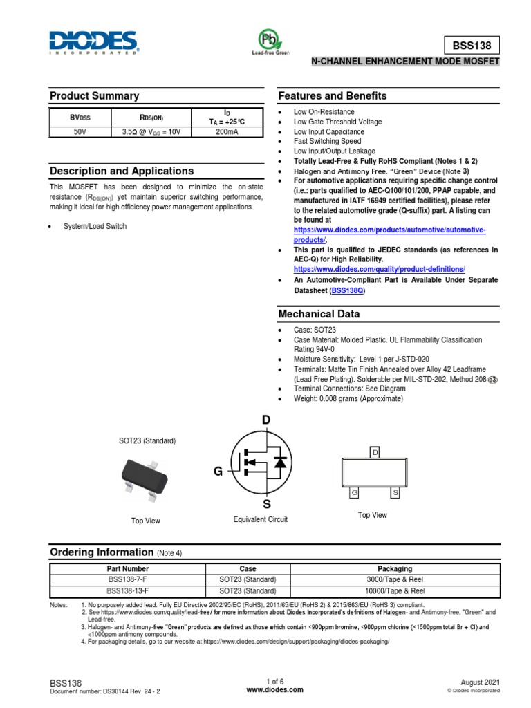 N-Channel Enhancement Mode Mosfet: DSS DS (ON) D A | PDF | Mosfet ...