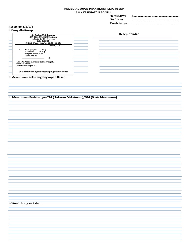 Contoh Soal Remedial Ilmu Resep Part 2 | PDF