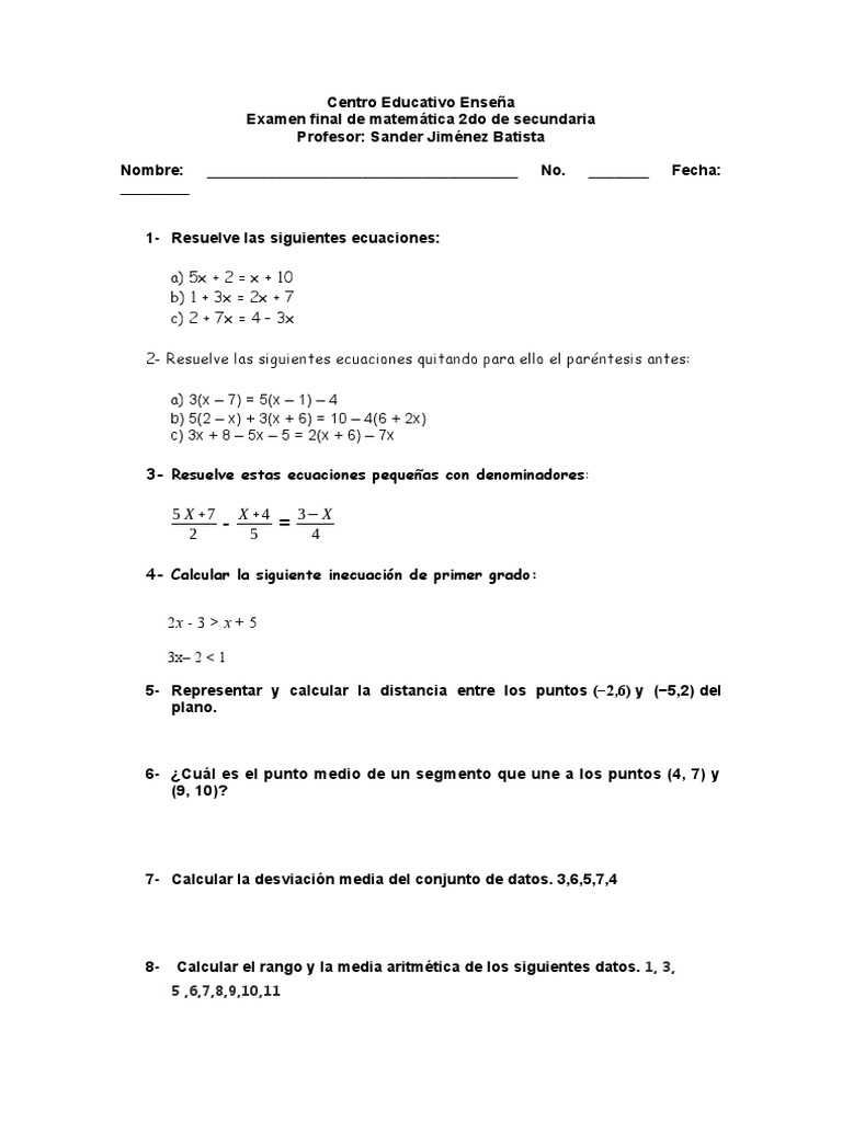 Examen de 2do de Secundaria | PDF