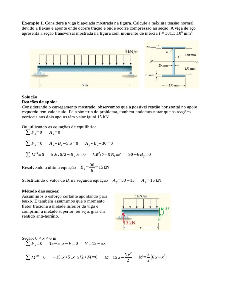 Cálculo da máxima tensão normal devido à flexão em uma viga biapoiada e ...