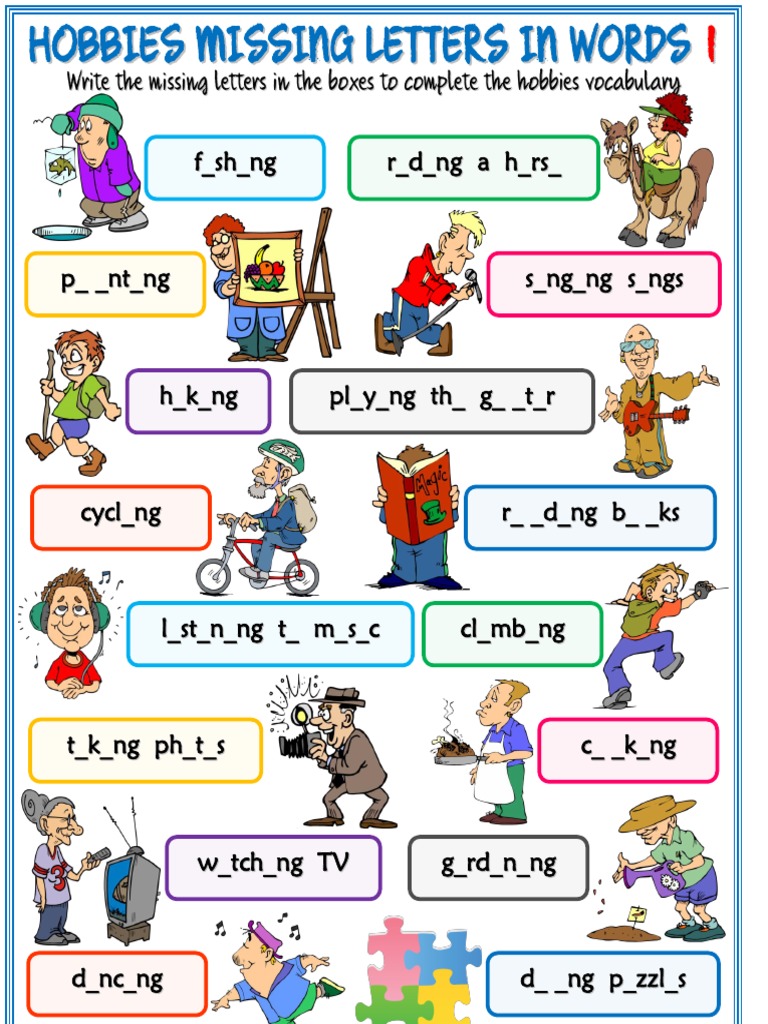 2 Hobbies Vocabulary Esl Missing Letters in Words Worksheets For Kids ...