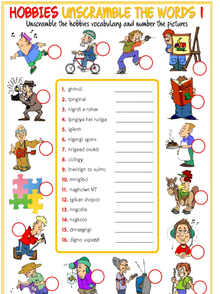 3 Hobbies Vocabulary Esl Unscramble The Words Worksheets For Kids | PDF