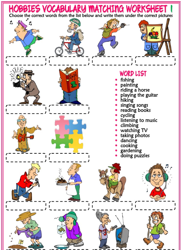 4 Hobbies Vocabulary Esl Matching Exercise Worksheets For Kids | PDF ...