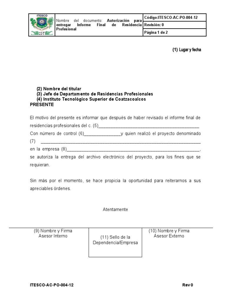 Autorización para Entregar Informe Final de Residencias Profesional | PDF