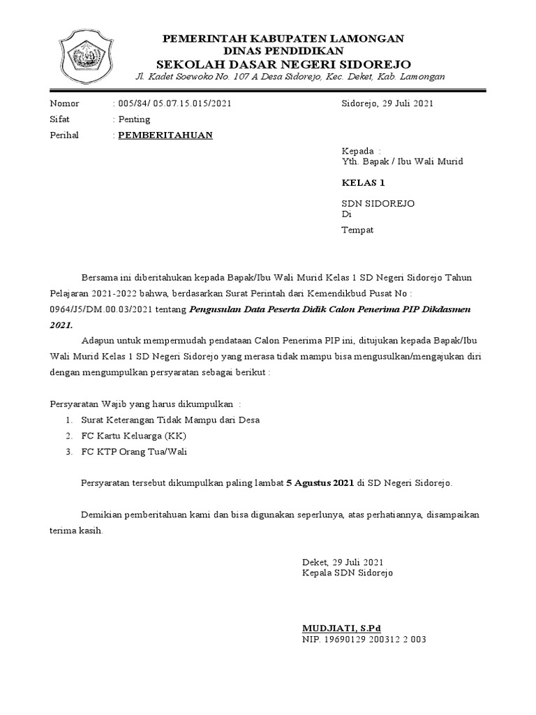 Undangan Pemberitahuan Pengajuan Calon PIP | PDF