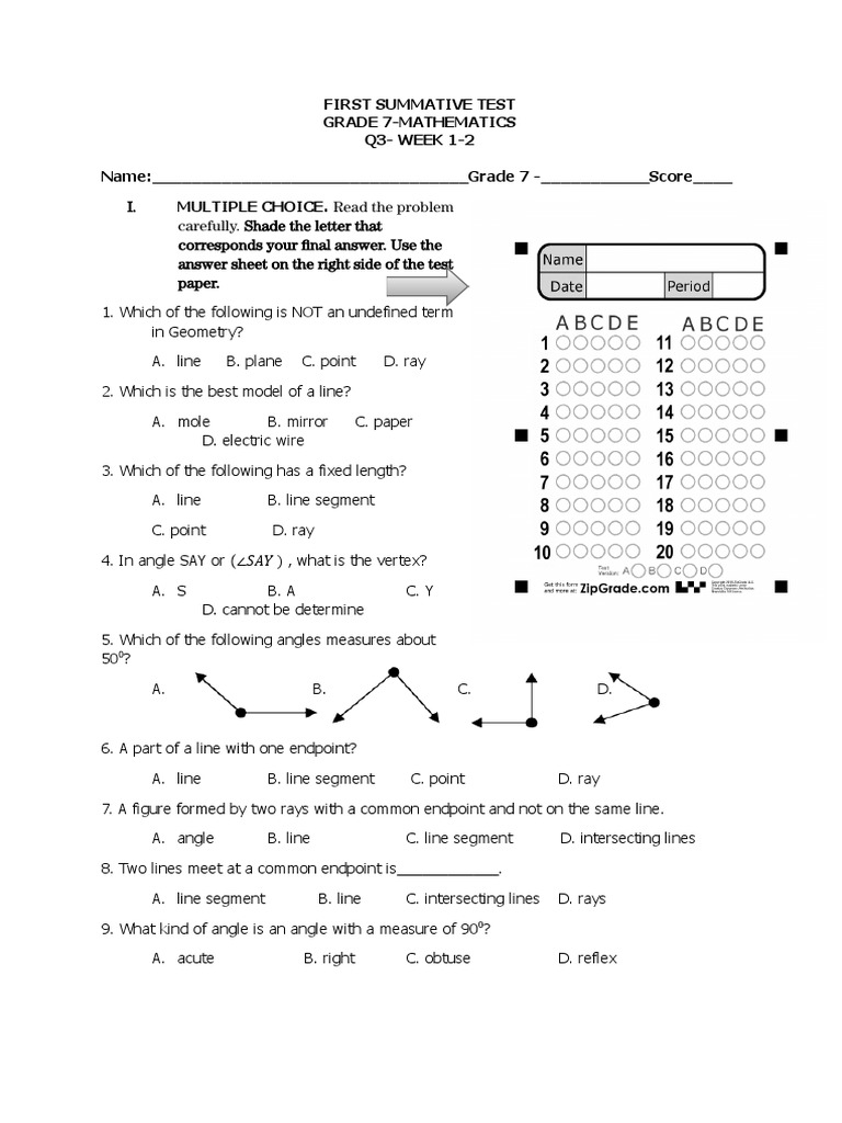 First Summative Test Grade 7-Mathematics Q3-WEEK 1-2 Name: - Grade 7 ...