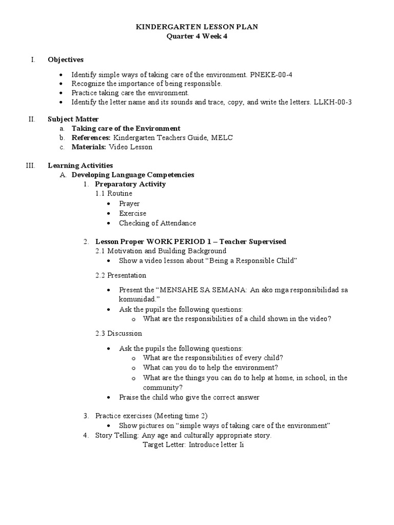 Kindergarten Lesson Plan Quarter 4 Week 4 Objectives | PDF | Teachers ...