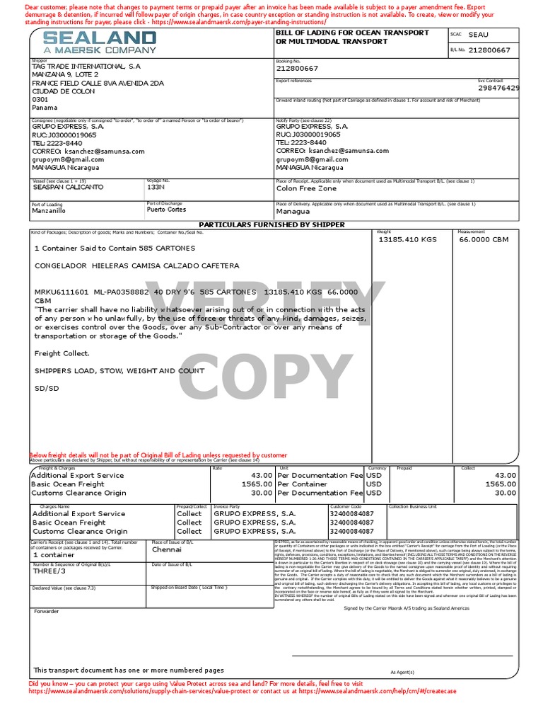 Verify Copy: Bill of Lading For Ocean Transport or Multimodal Transport ...