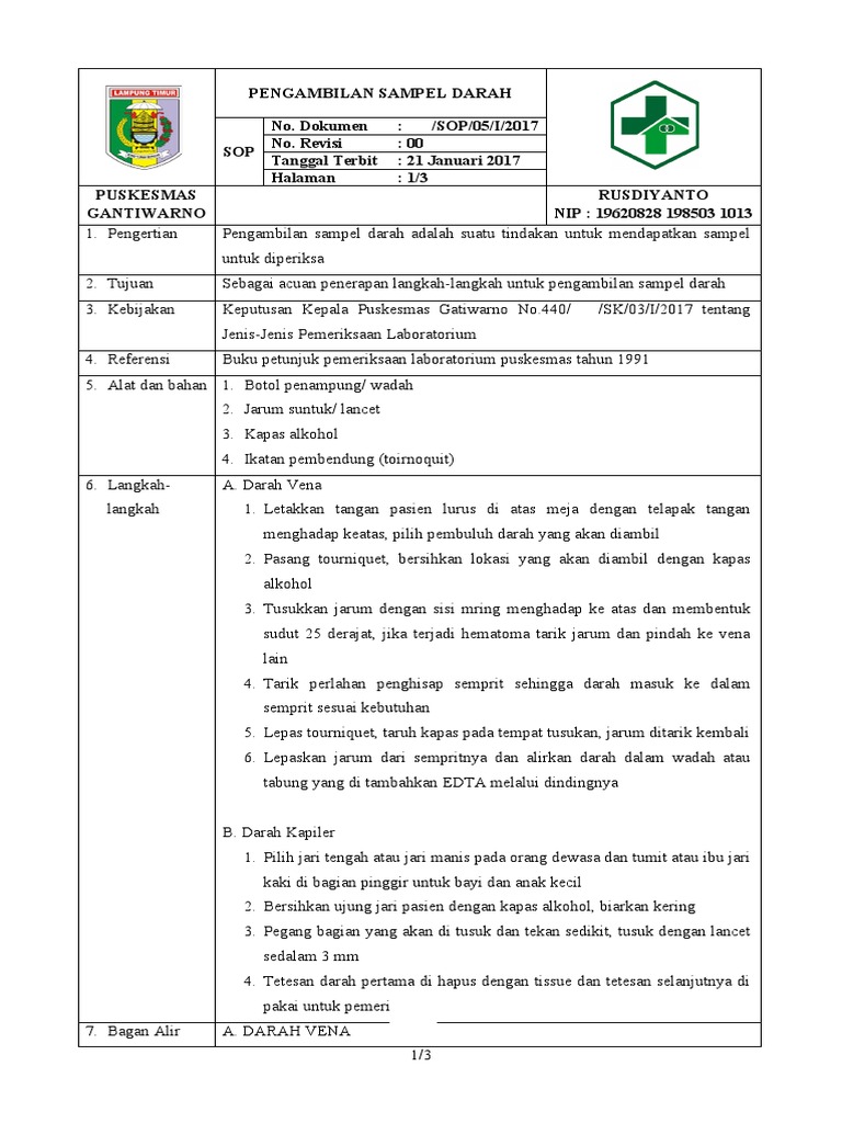SOP Pengambilan Sampel Darah | PDF