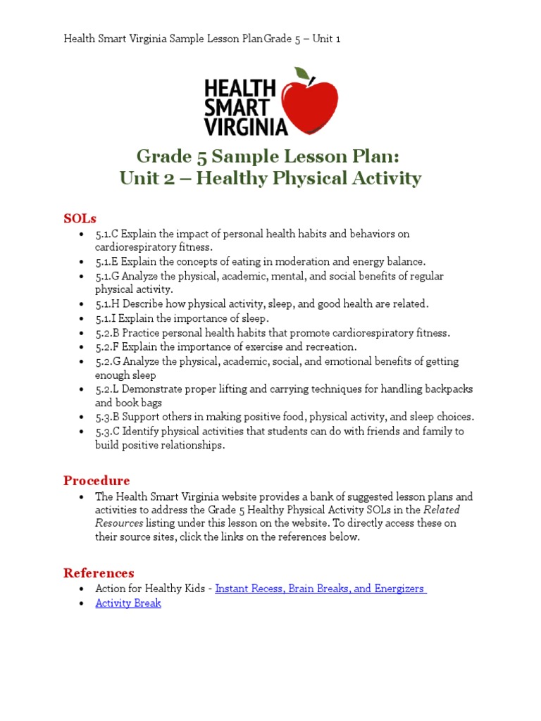 Grade 5 Sample Lesson Plan: Unit 2 - Healthy Physical Activity | PDF ...