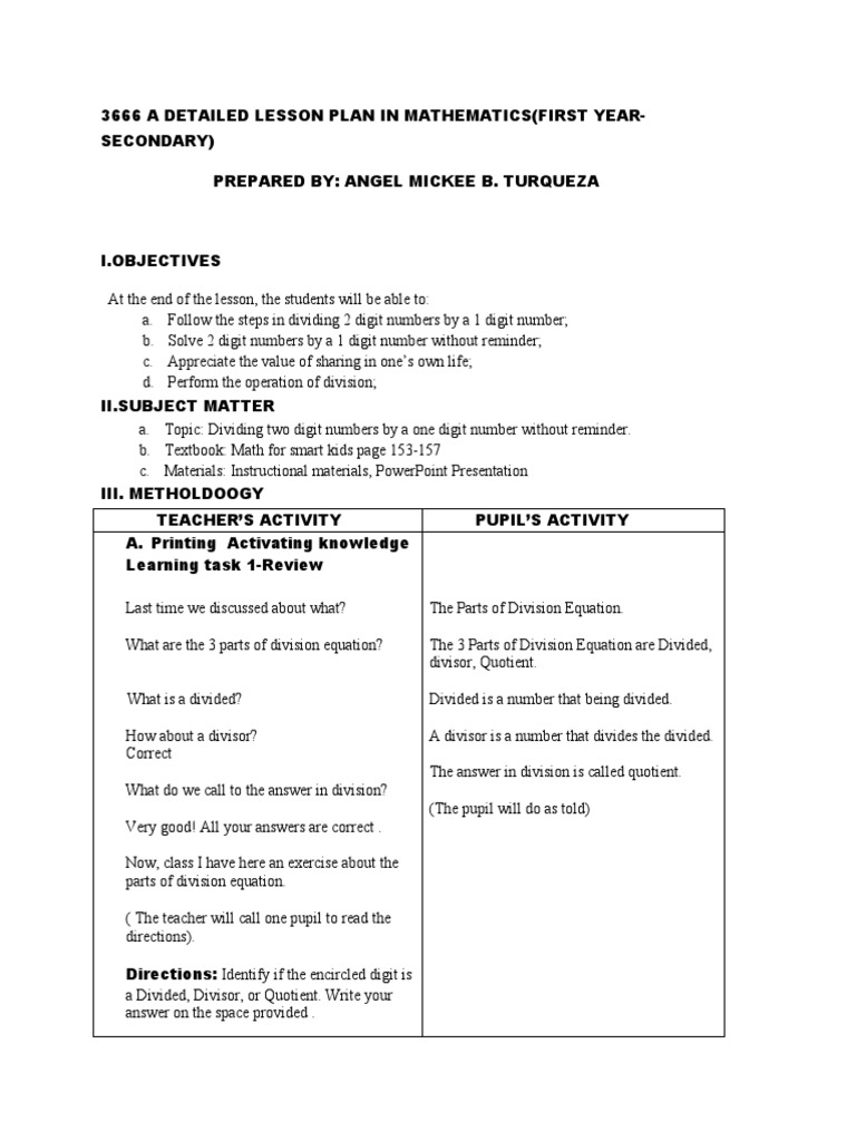 A Detailed Lesson Plan in Mathematics | PDF | Differentiated ...