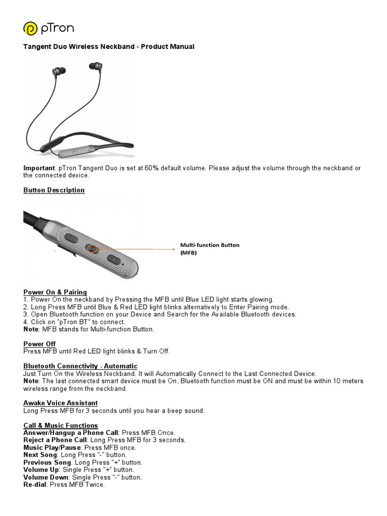 Tangent Duo Wireless Neckband - Product Manual: Multi-Function Button ...