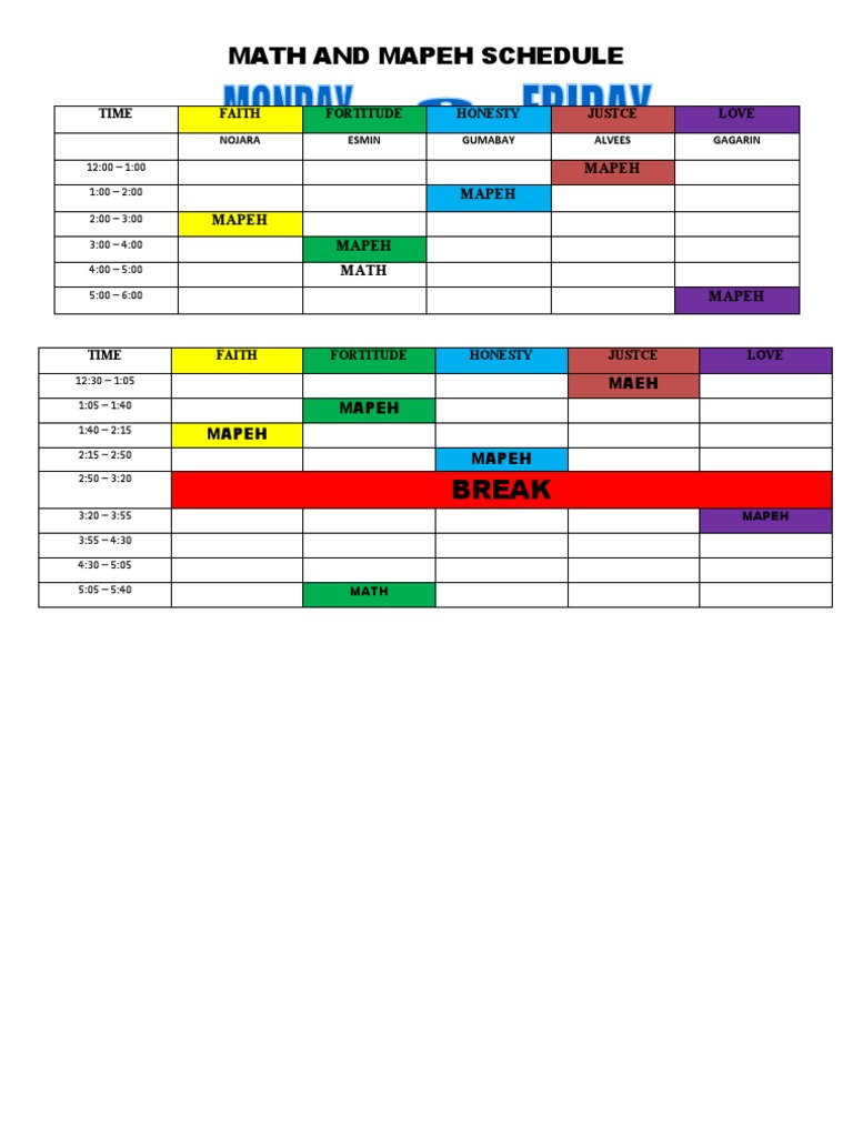 Math and Mapeh Schedule | PDF