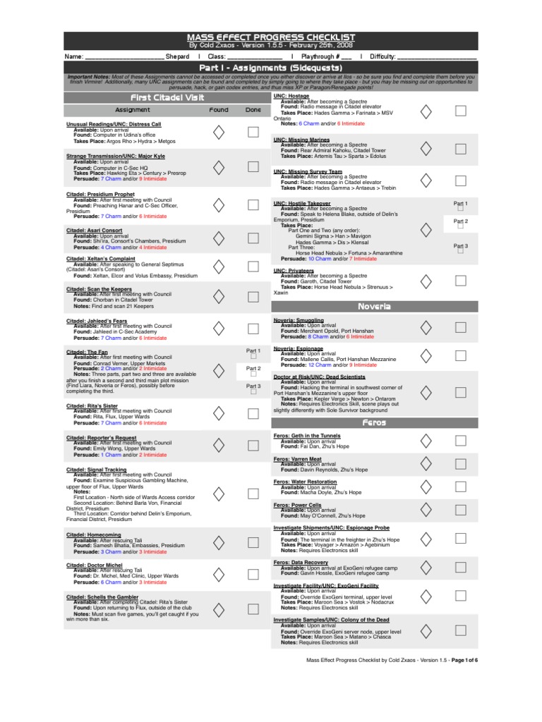 Mass Effect Assignments Checklist Clipart