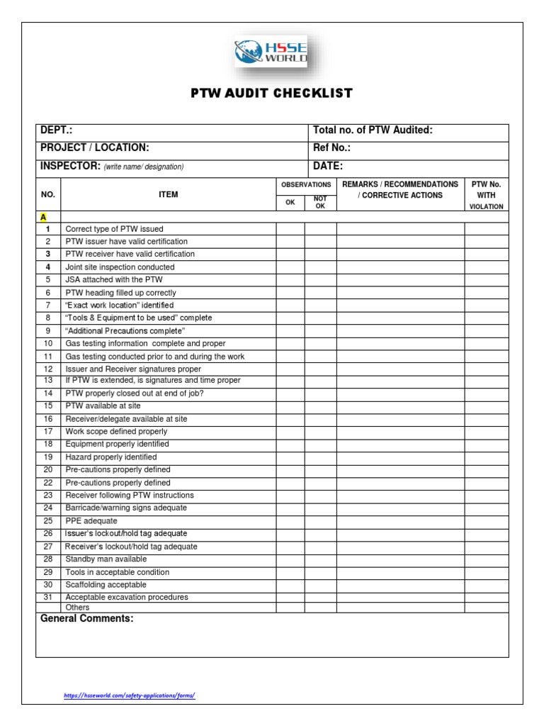 PTW Audit Checklist: DEPT.: Total No. of PTW Audited: Project ...