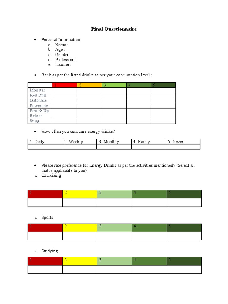 Final Questionnaire: Monster Red Bull Gatorade Powerade Fast & Up ...