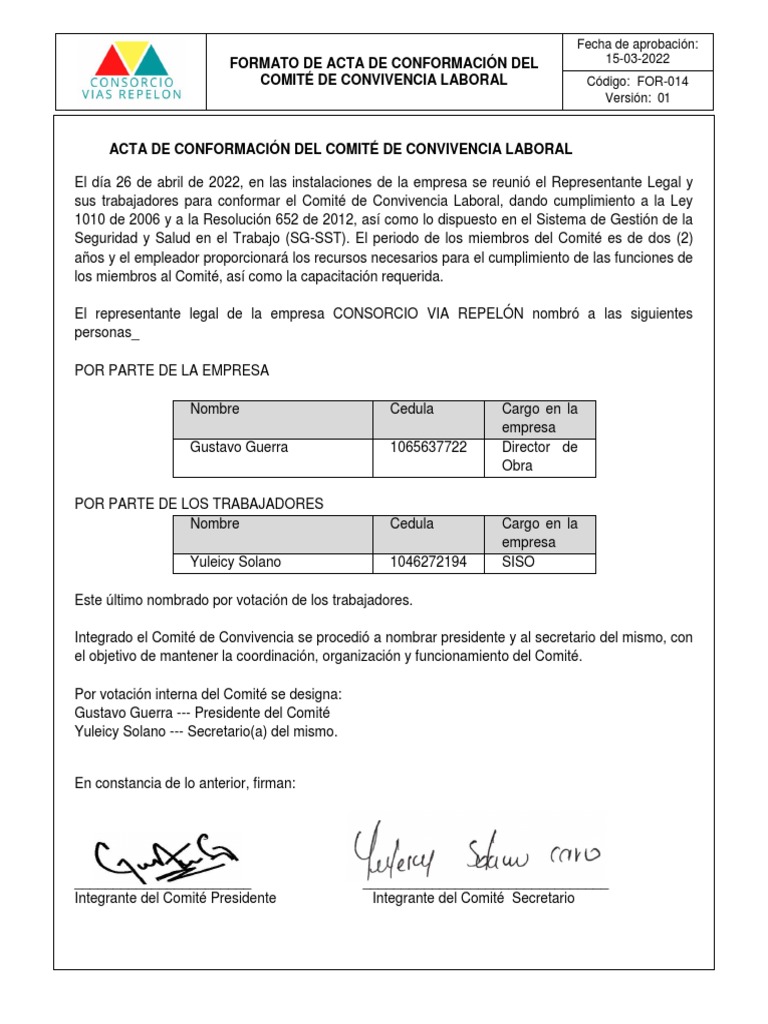 For-014 Formato de Acta de Conformación Del Comité de Convivencia Laboral | PDF