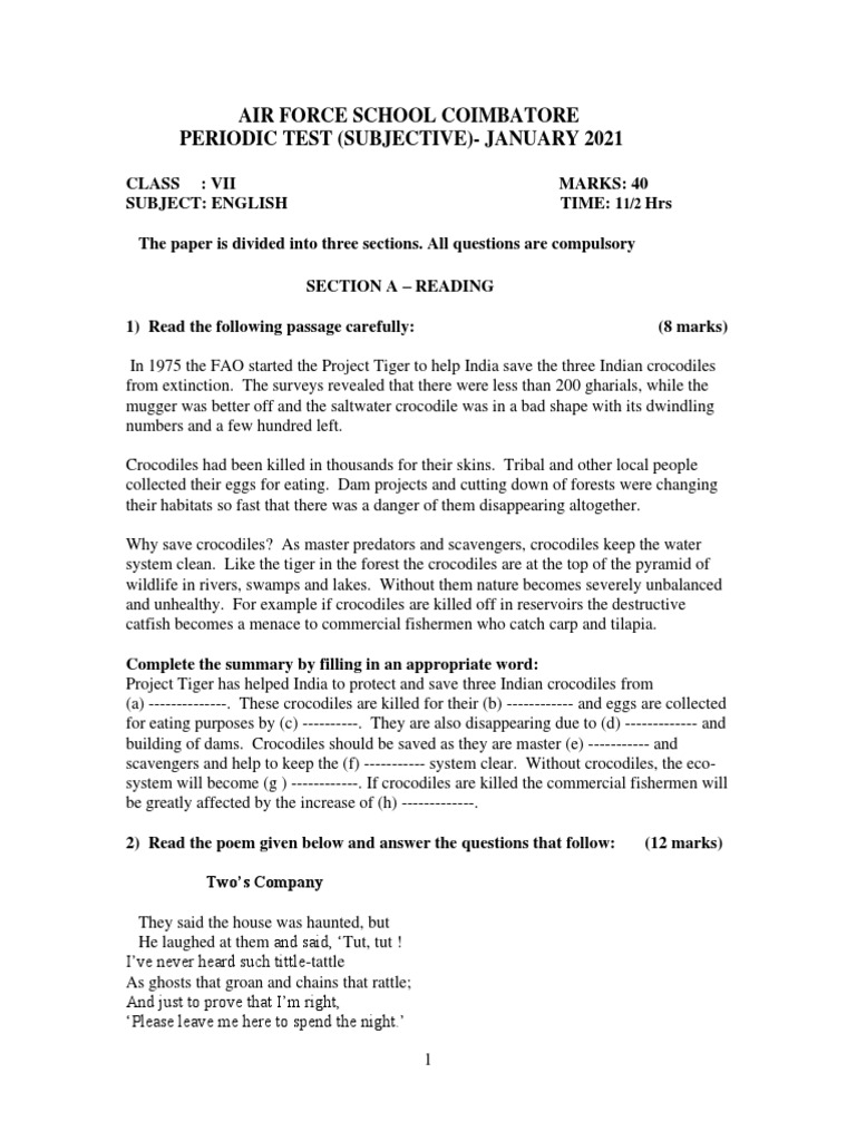 Class 7-Subjective Examination | PDF