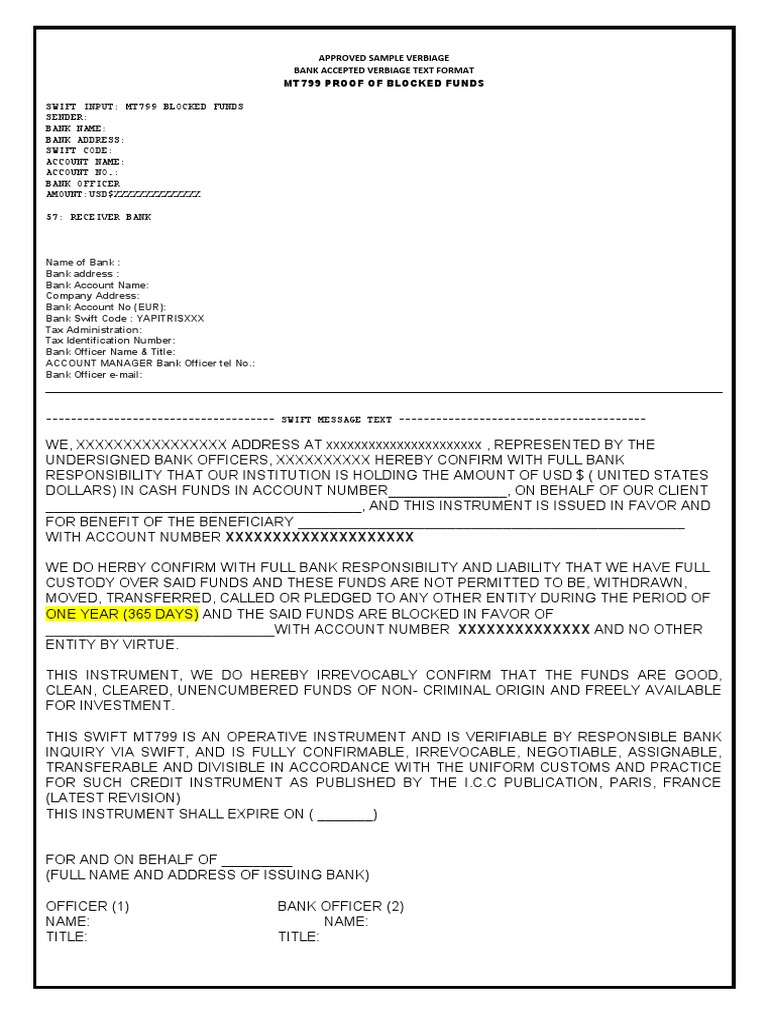 MT799 Blocked Funds Verbiage | PDF | Banks | Money