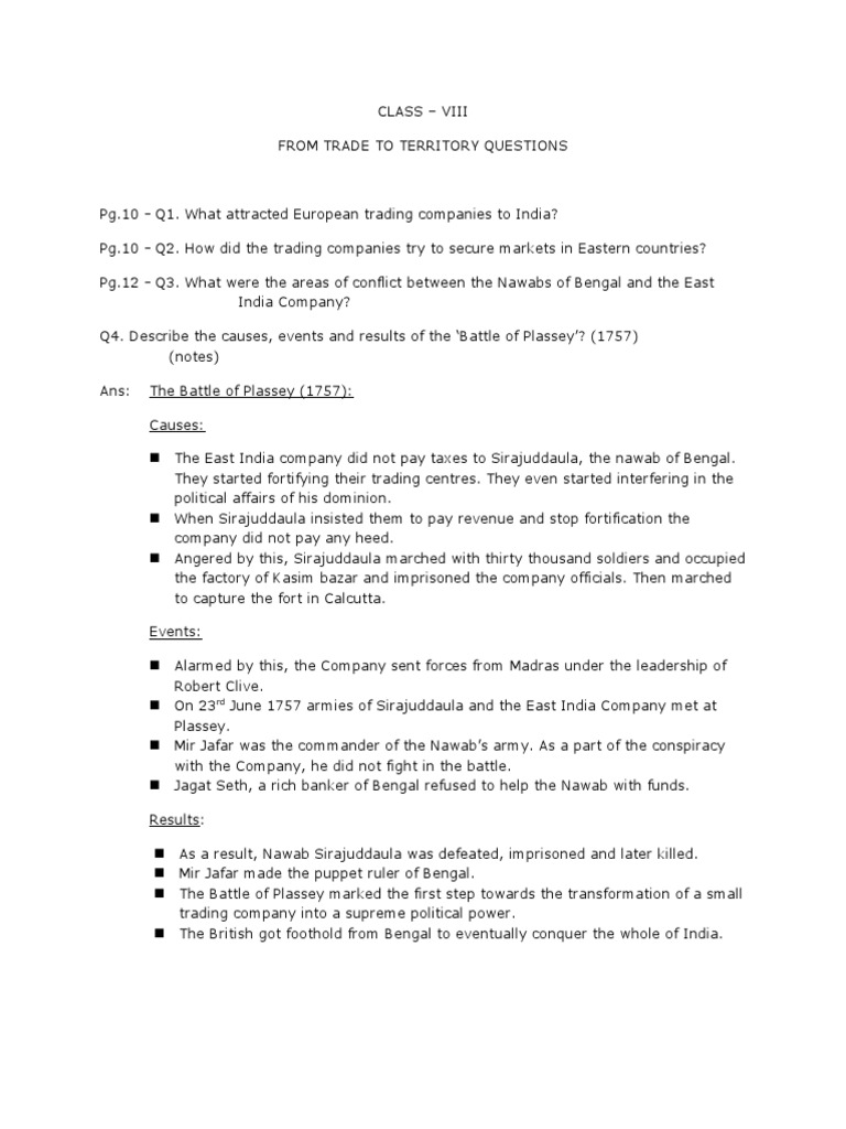 From Trade To Territory - Class 8 History - Questions and Notes | PDF ...