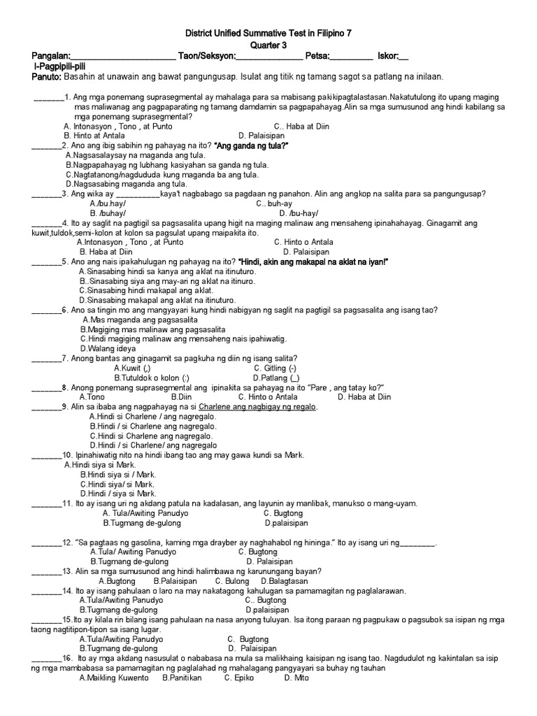 3rd-Quarter-Summative-Exam-in-Filipino | PDF