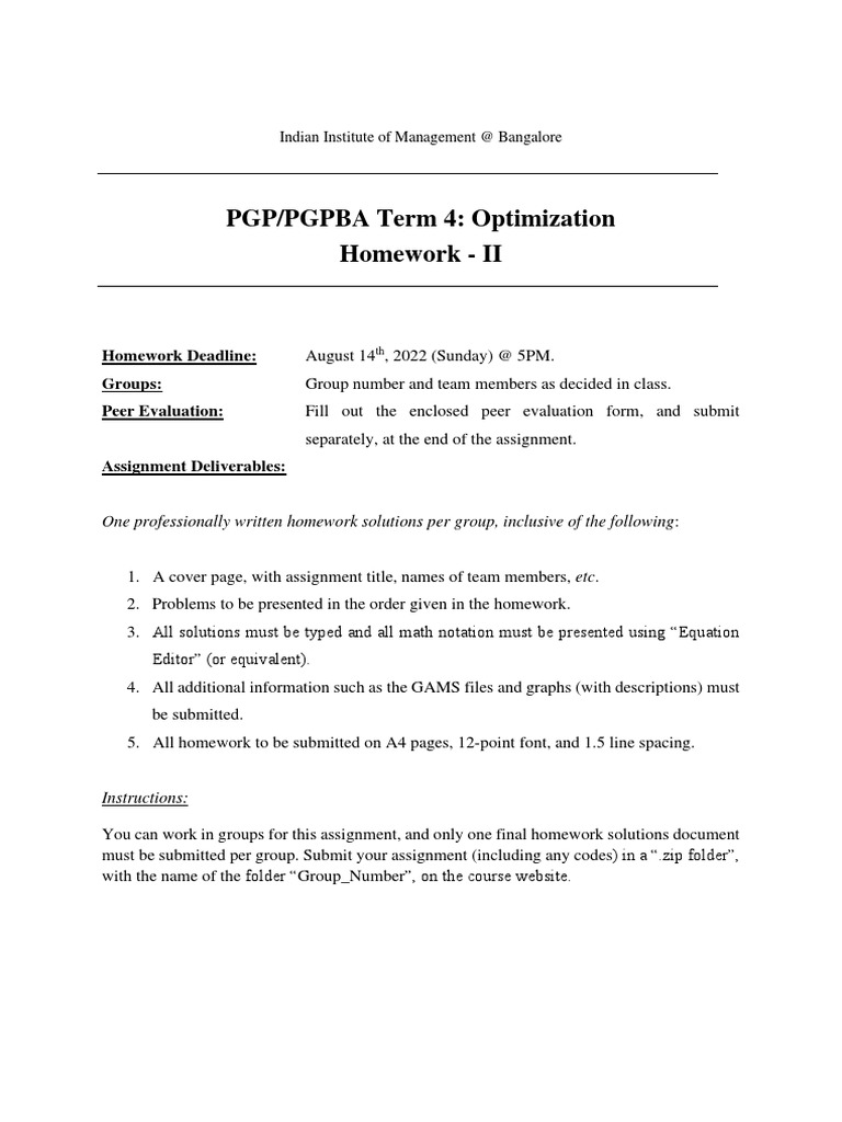PGP/PGPBA Term 4: Optimization Homework - II: Homework Deadline: Groups: Peer Evaluation | PDF ...