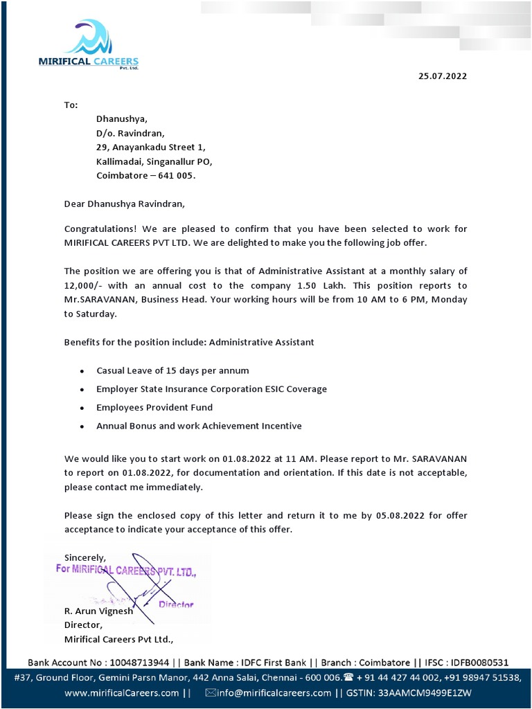 Office Administratior Assitand Offer Letter | Download Free PDF | Employment | Economies