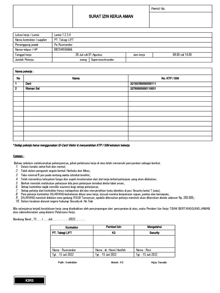 Form Work Permit Latihan | PDF