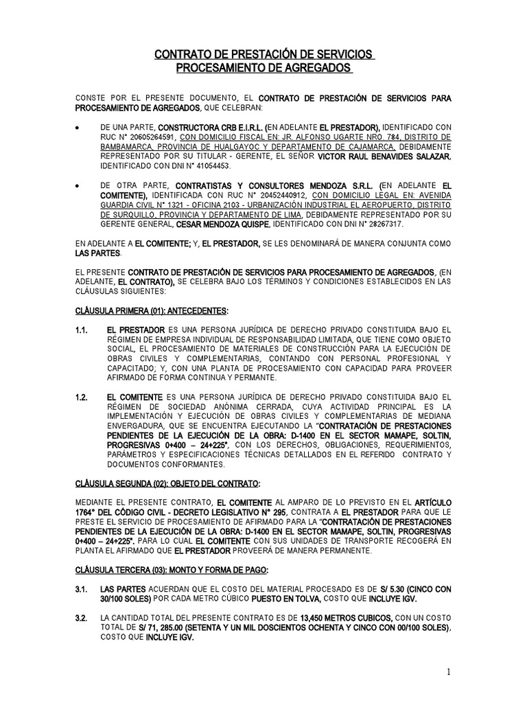 En Tolva - Contrato de Servicio Afirmado - Constructora CRB Eirl (22!09!21) | PDF | Arbitraje ...