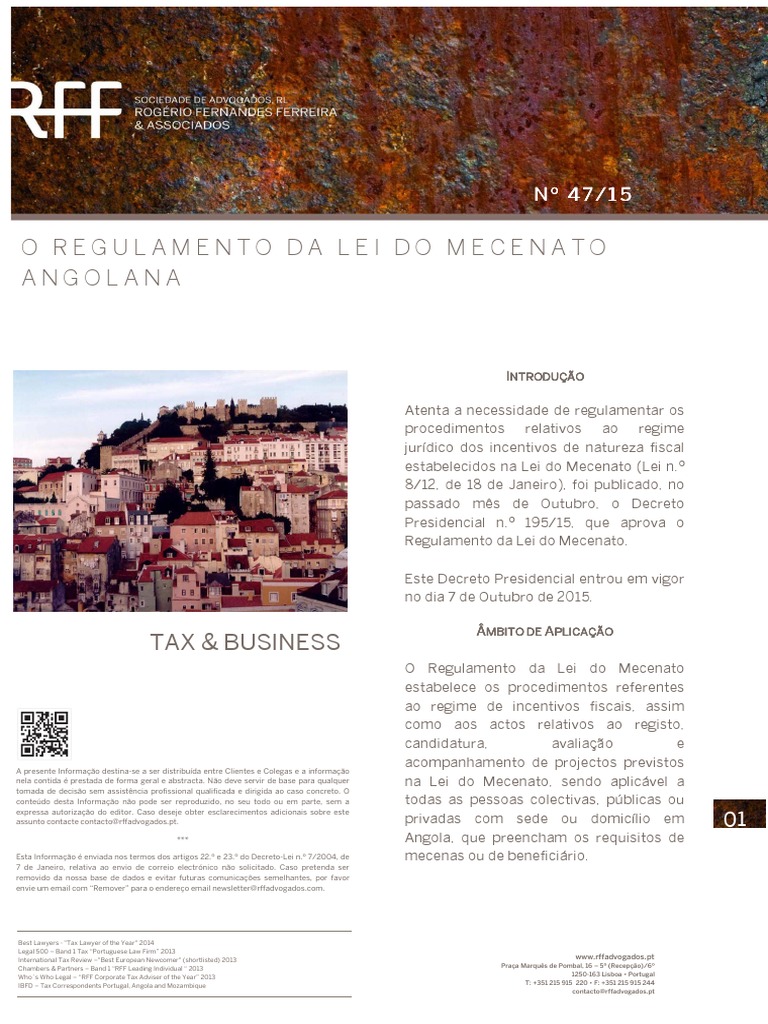Regulamento da Lei do Mecenato em Angola | PDF | Angola | Impostos