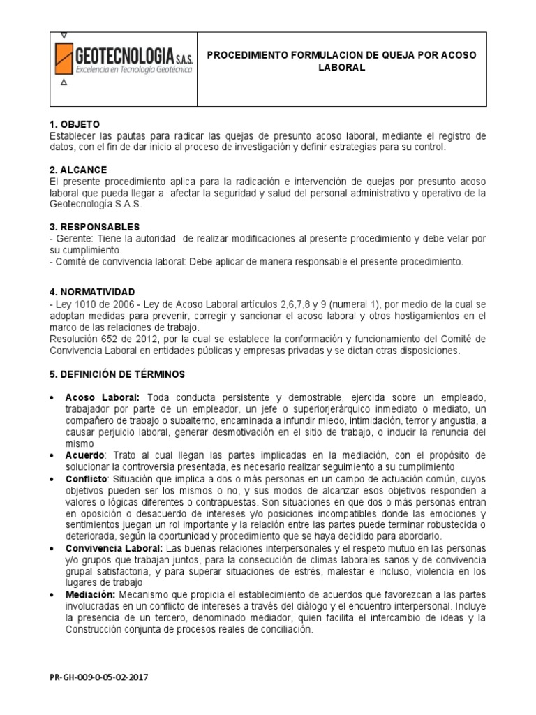 PR-GH-009 Procedimiento Queja Acoso Laboral | PDF | Acoso sexual PR-GH-009 Procedimiento Queja Acoso Laboral | PDF | Acoso sexual