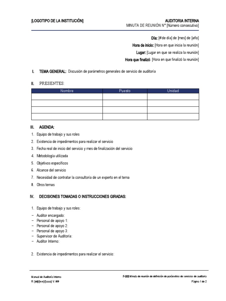 F-005 Minuta de Reunión de Definición de Parámetros de Servicios de ...