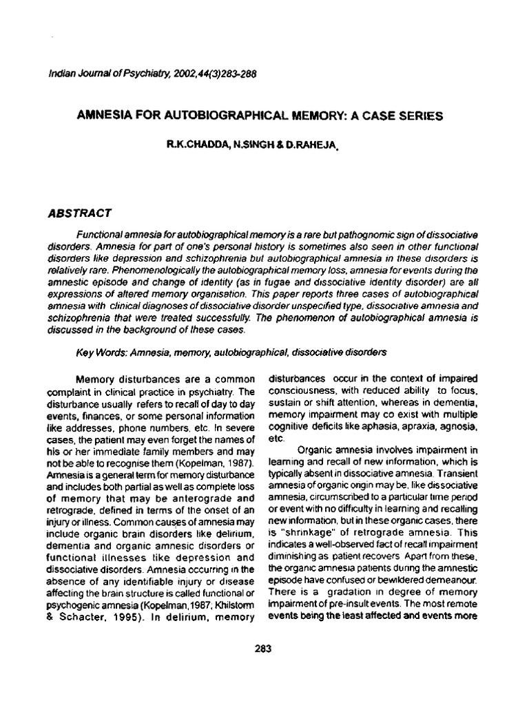 Amnesia For Autobiographical Memory - A Case Series | PDF | Amnesia | Dissociation (Psychology)