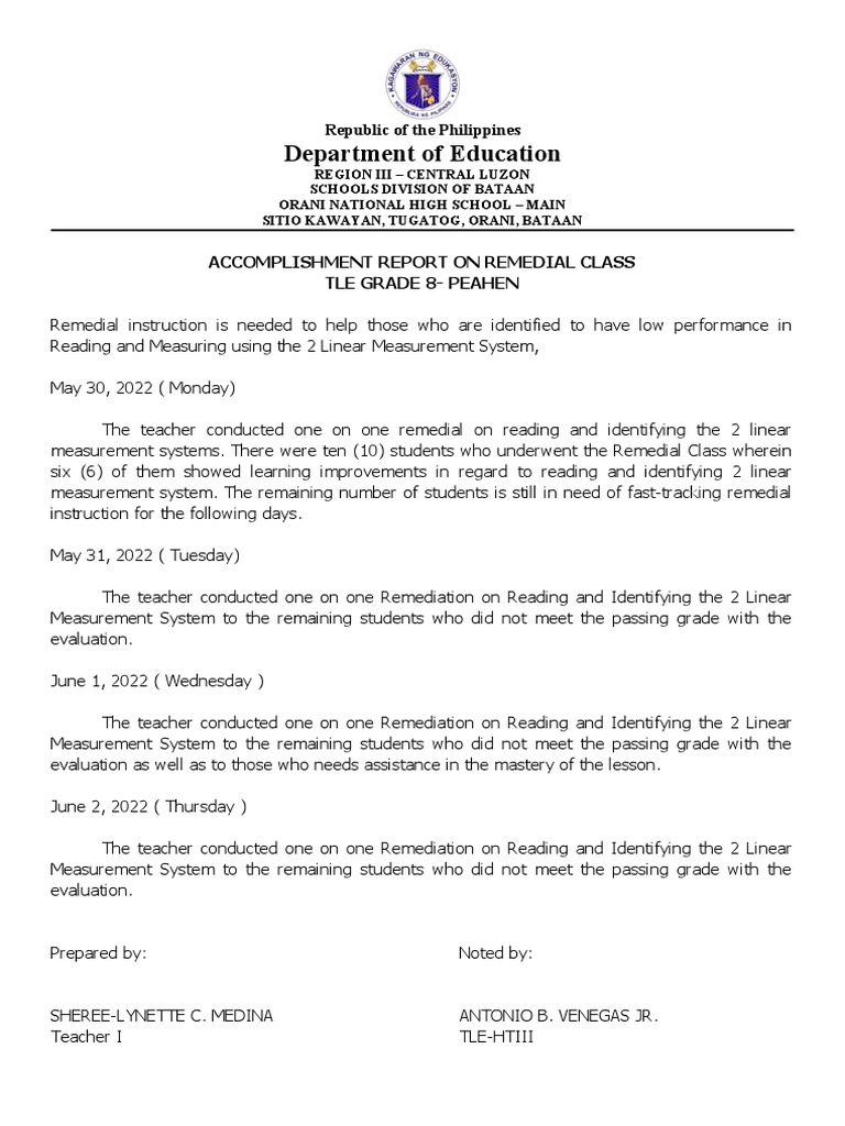 Remedial Class Accomplishment Report: TLE Grade 8 | PDF