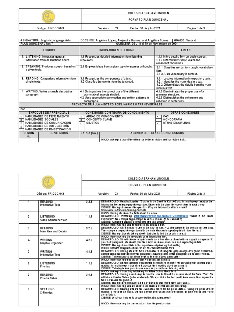 Second Grade English Language Arts Plan | PDF | Communication | Linguistics
