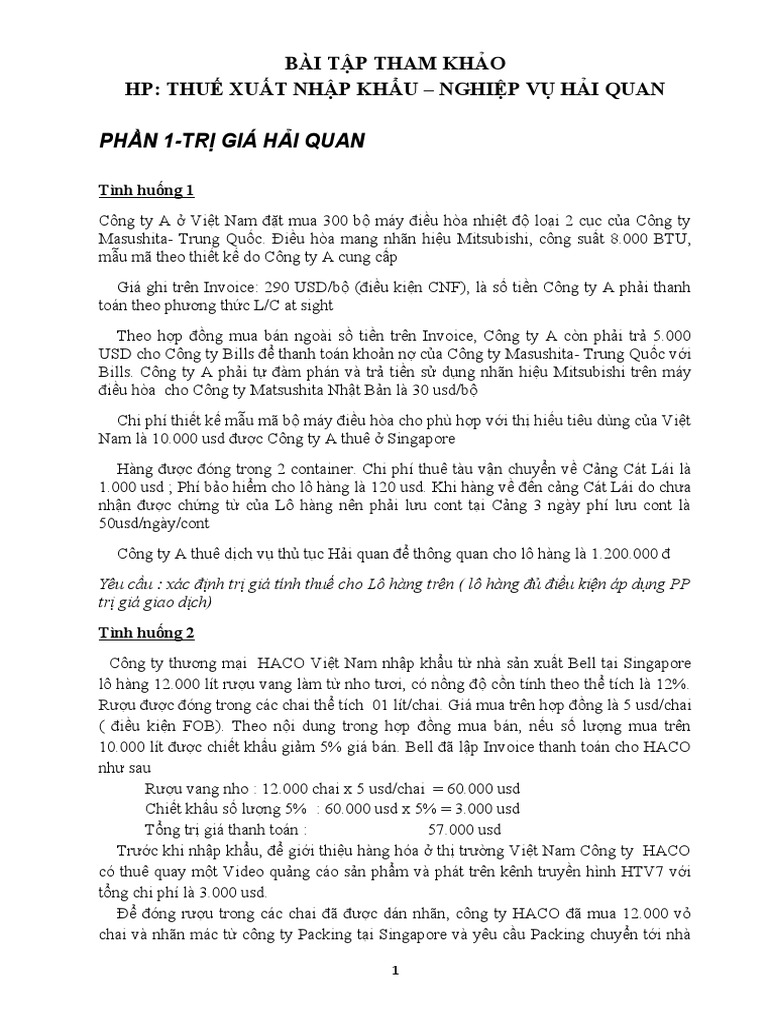 Bai Tap Tinh Huong Ung Dung Thue XNK - NVHQ | PDF