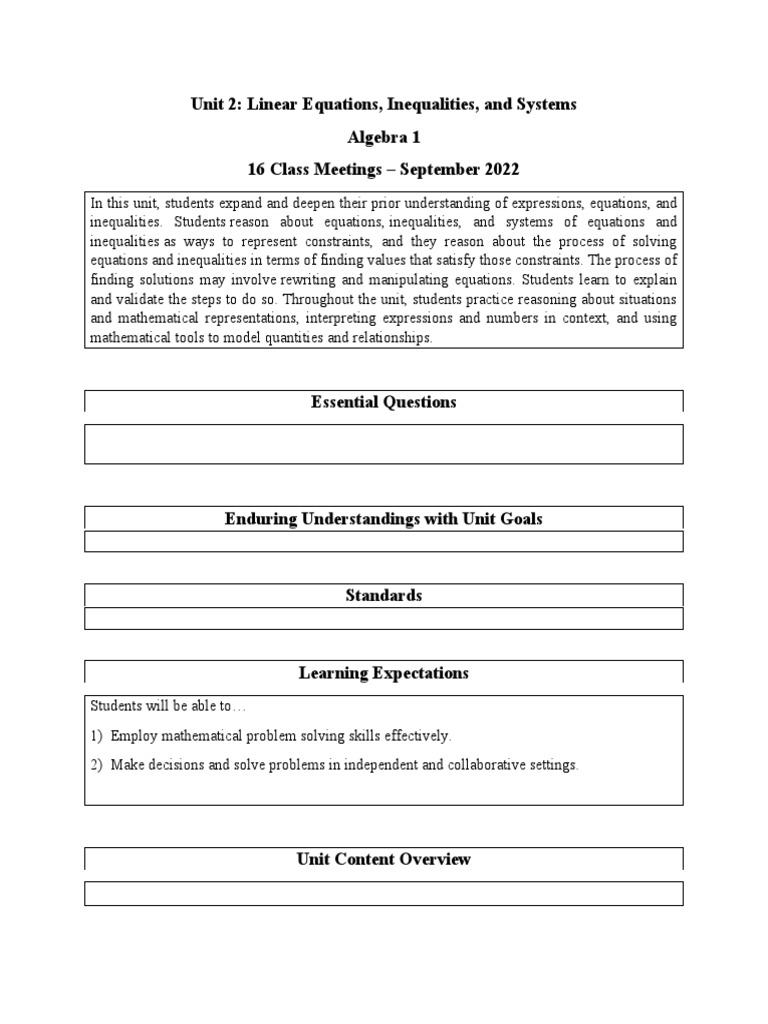Unit 2: Linear Equations, Inequalities, and Systems Algebra 1 16 Class ...