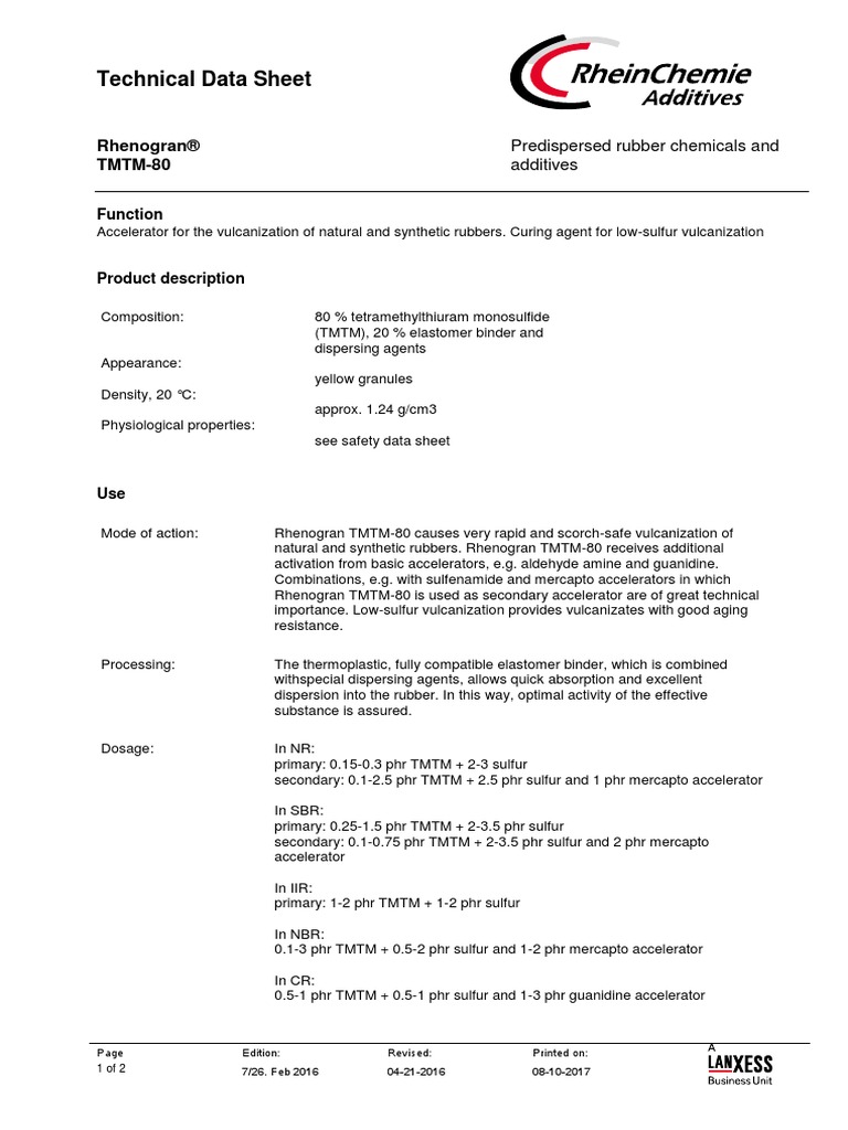 Technical Data Sheet: Rhenogran® TMTM-80 | PDF | Chemistry | Business Process