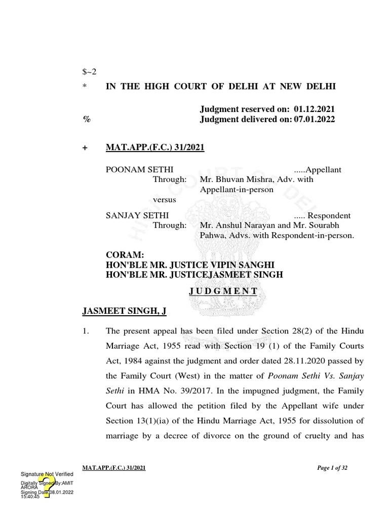 Poonam Sethi V Sanjay Sethi - 2022 Delhi HC | PDF | Judgment (Law ...
