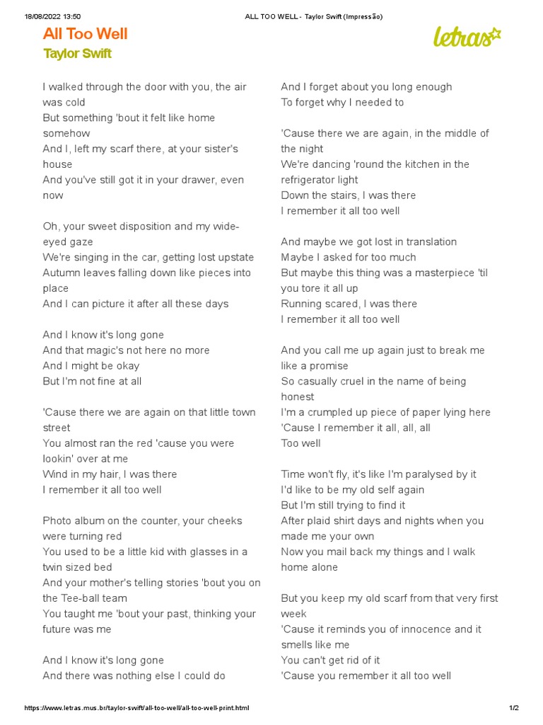 ALL TOO WELL - Taylor Swift (Impressão) | PDF