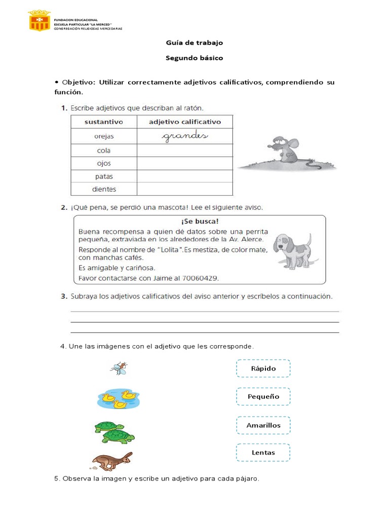 Guia de Trabajo Los Adjetivos Calificativos | PDF