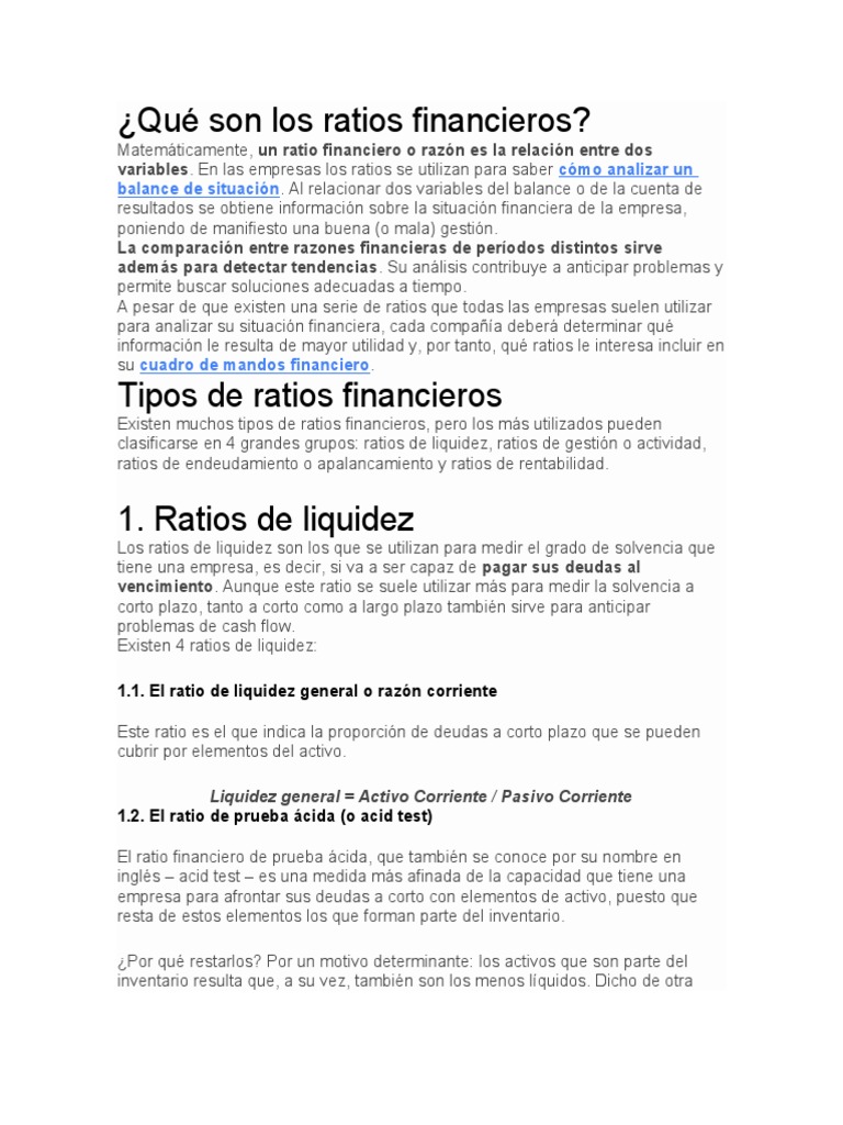 Qué Son Los Ratios Financieros | PDF | Ratio financiero | Rentabilidad ...