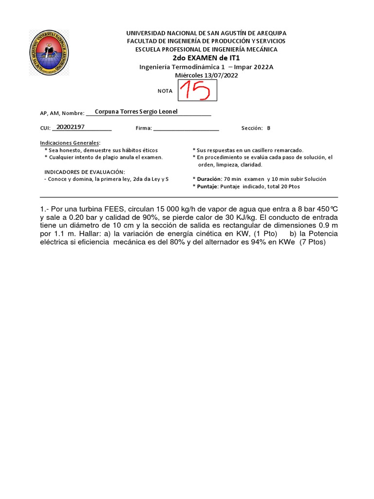 CORPUNA TORRES SERGIO 2 Examen Termodinámica | PDF | Calor | Bomba de calor