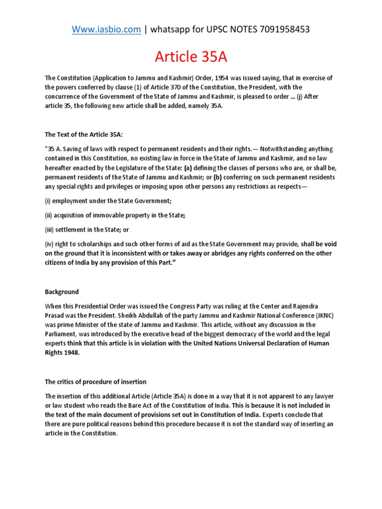 Article 35A: - Whatsapp For UPSC NOTES 7091958453 | PDF | Government ...