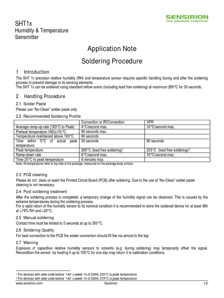 Application Note Soldering Procedure: SHT1x | PDF | Soldering | Electricity