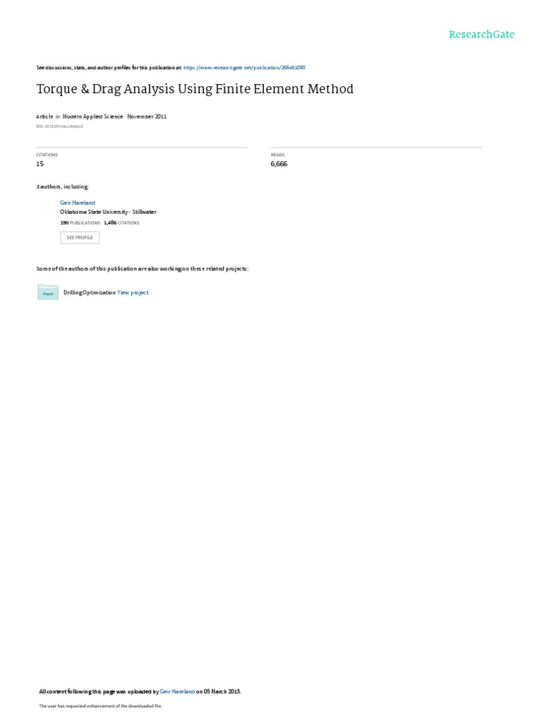 Torque Drag Analysis Using Finite Element Method | PDF | Rotation ...