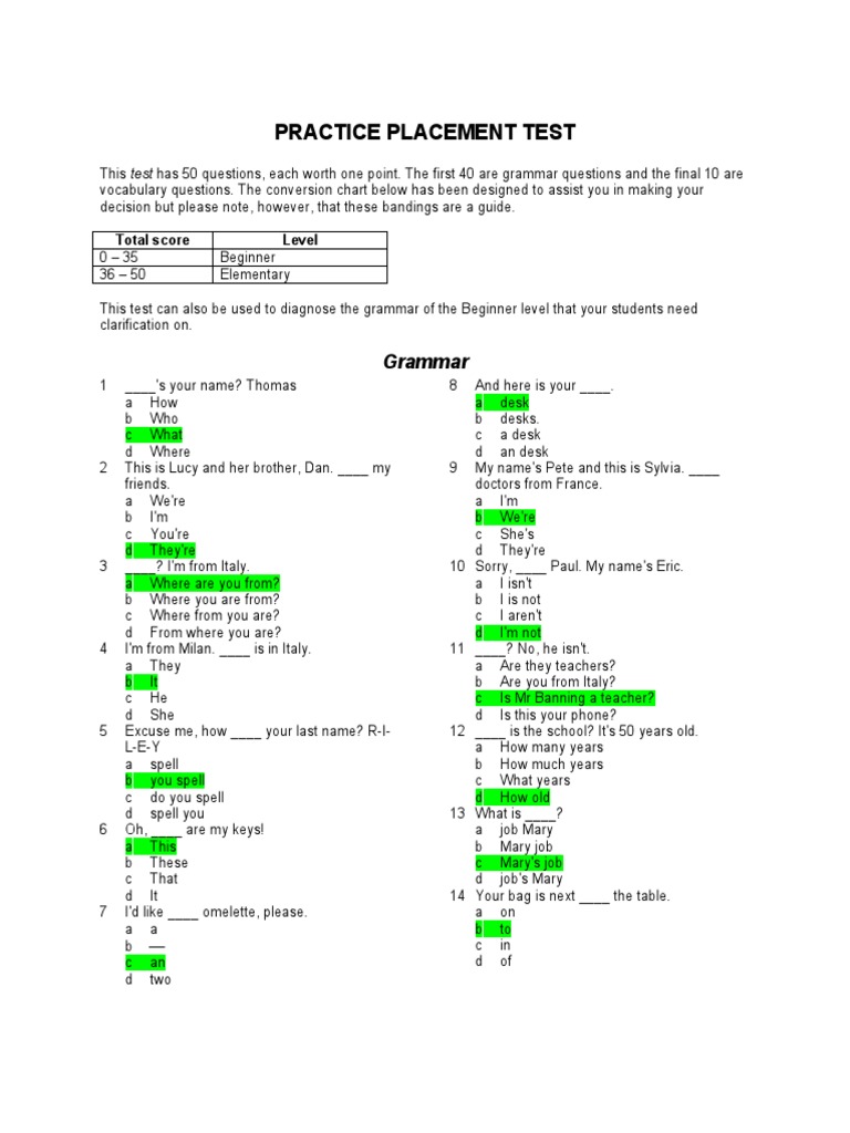 PRACTICE PLACEMENT GRAMMAR AND VOCABULARY TEST | PDF