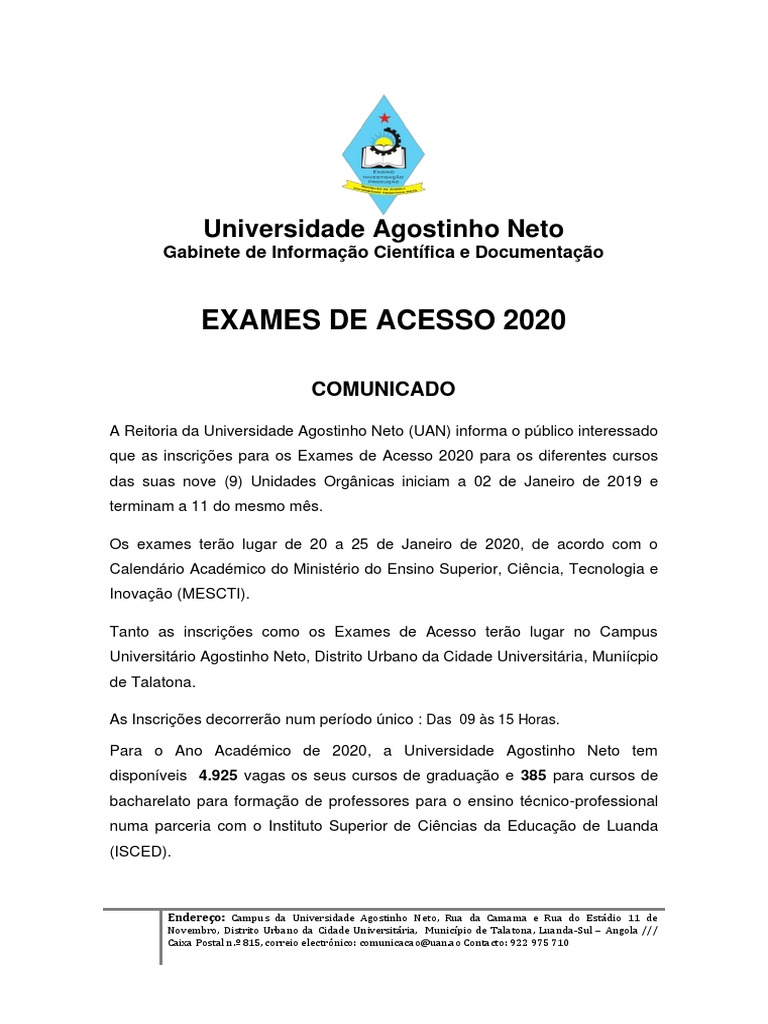 Uan - Exames de Acesso 2020 - Comunicado de Imprensa | PDF