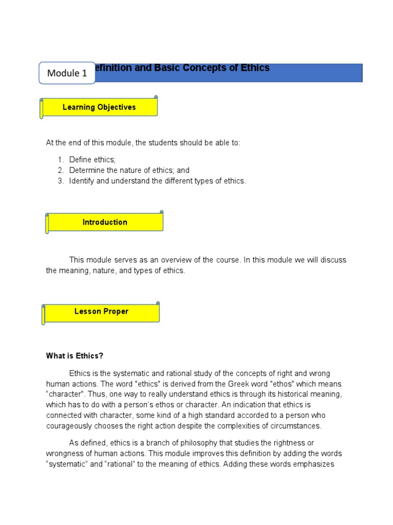 Definition and Basic Concepts of Ethics: Learning Objectives | PDF | Rationality | Metaphilosophy
